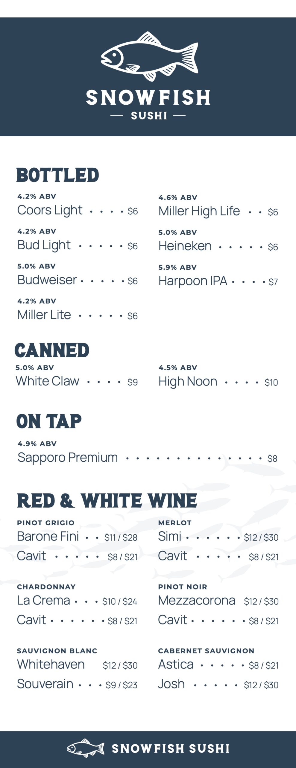 Menus - Snowfish Sushi