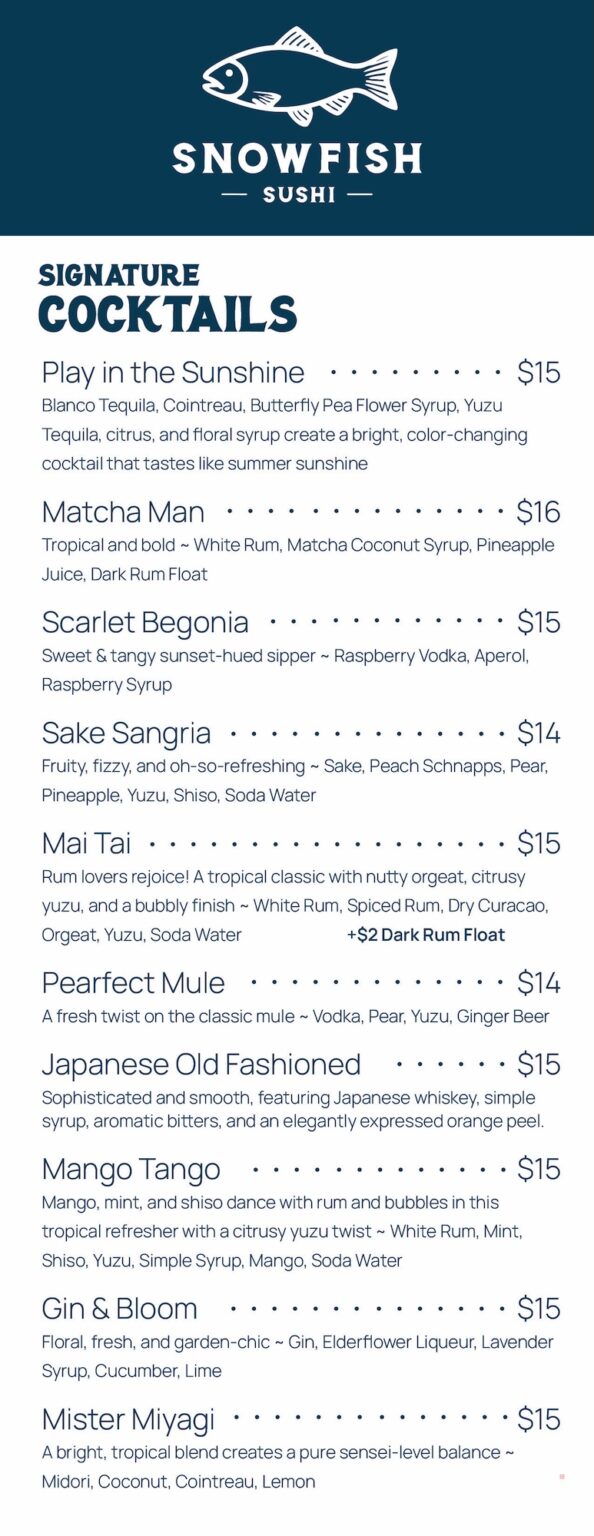 Menus - Snowfish Sushi