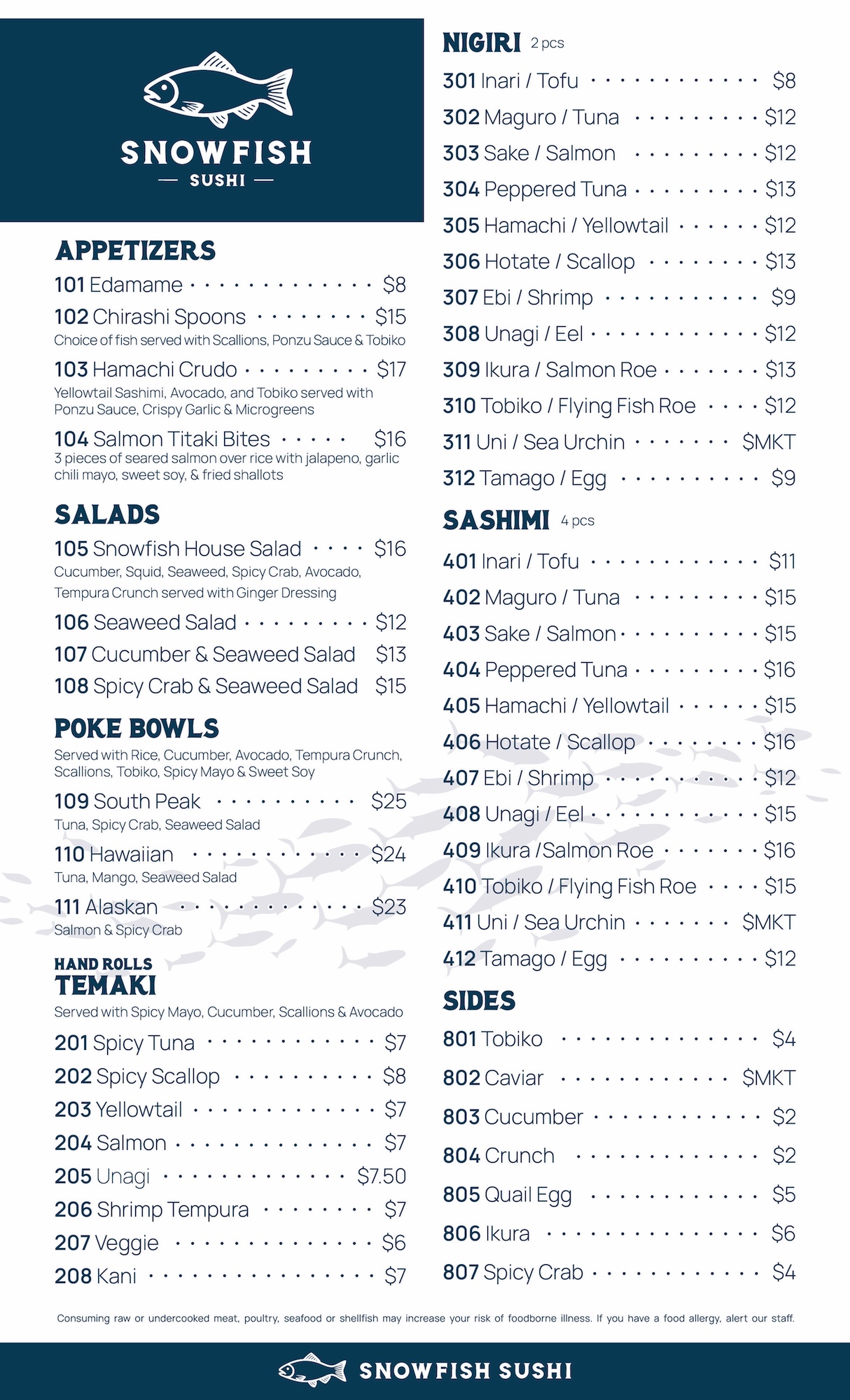 Menus - Snowfish Sushi