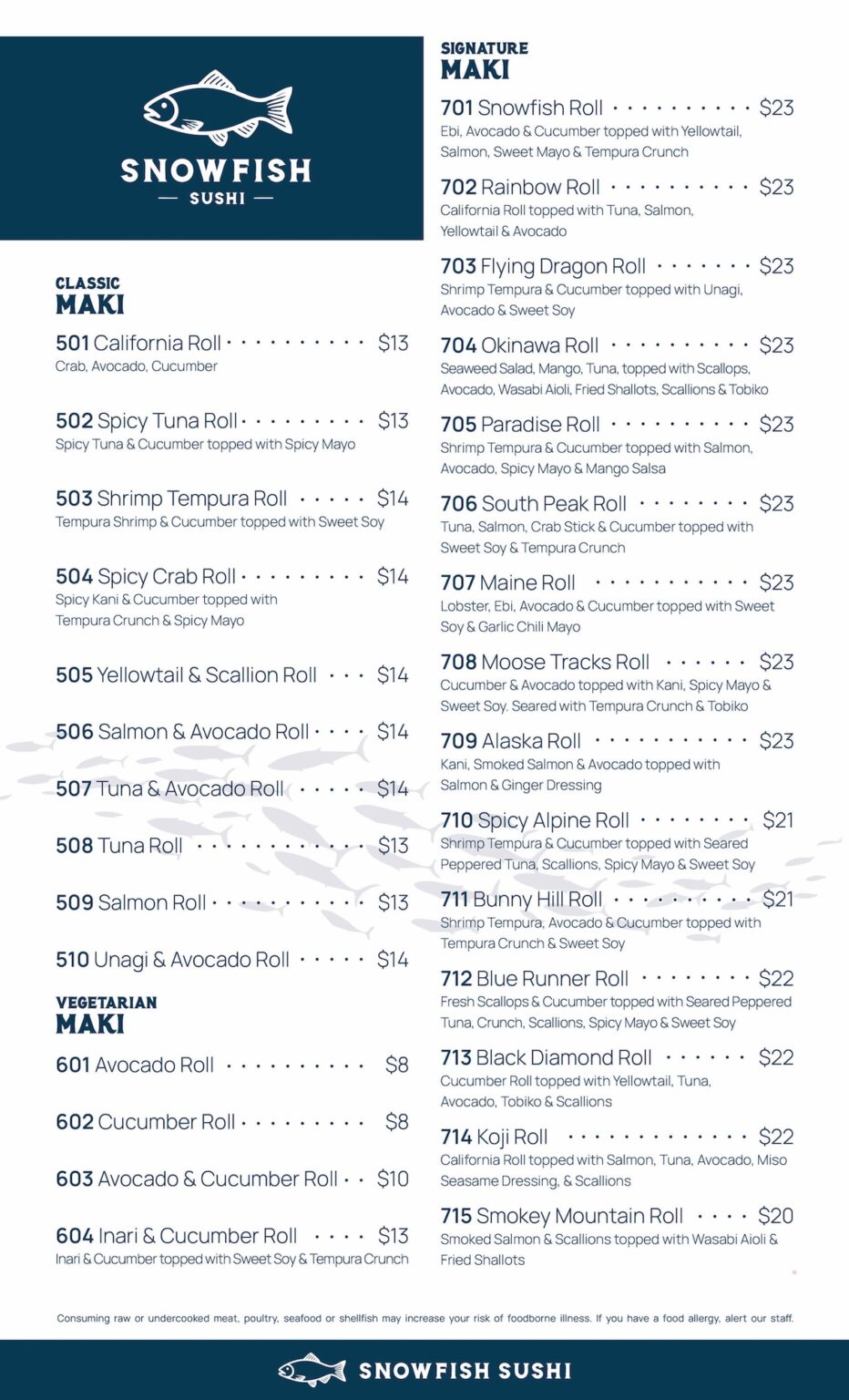 Menus - Snowfish Sushi