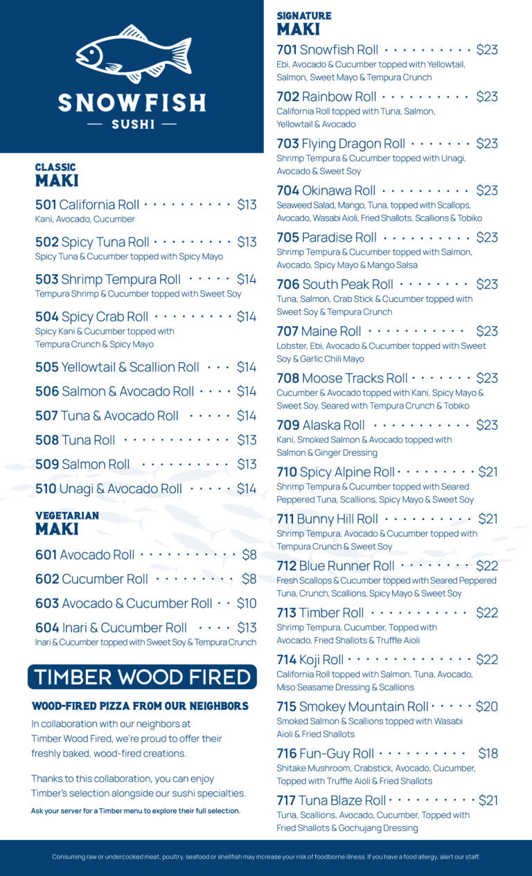 Menus - Snowfish Sushi